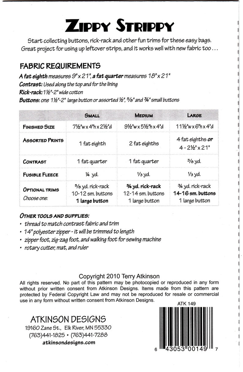 Zippy Strippy Bag Sewing and Quilting Pattern From Atkinson | Etsy