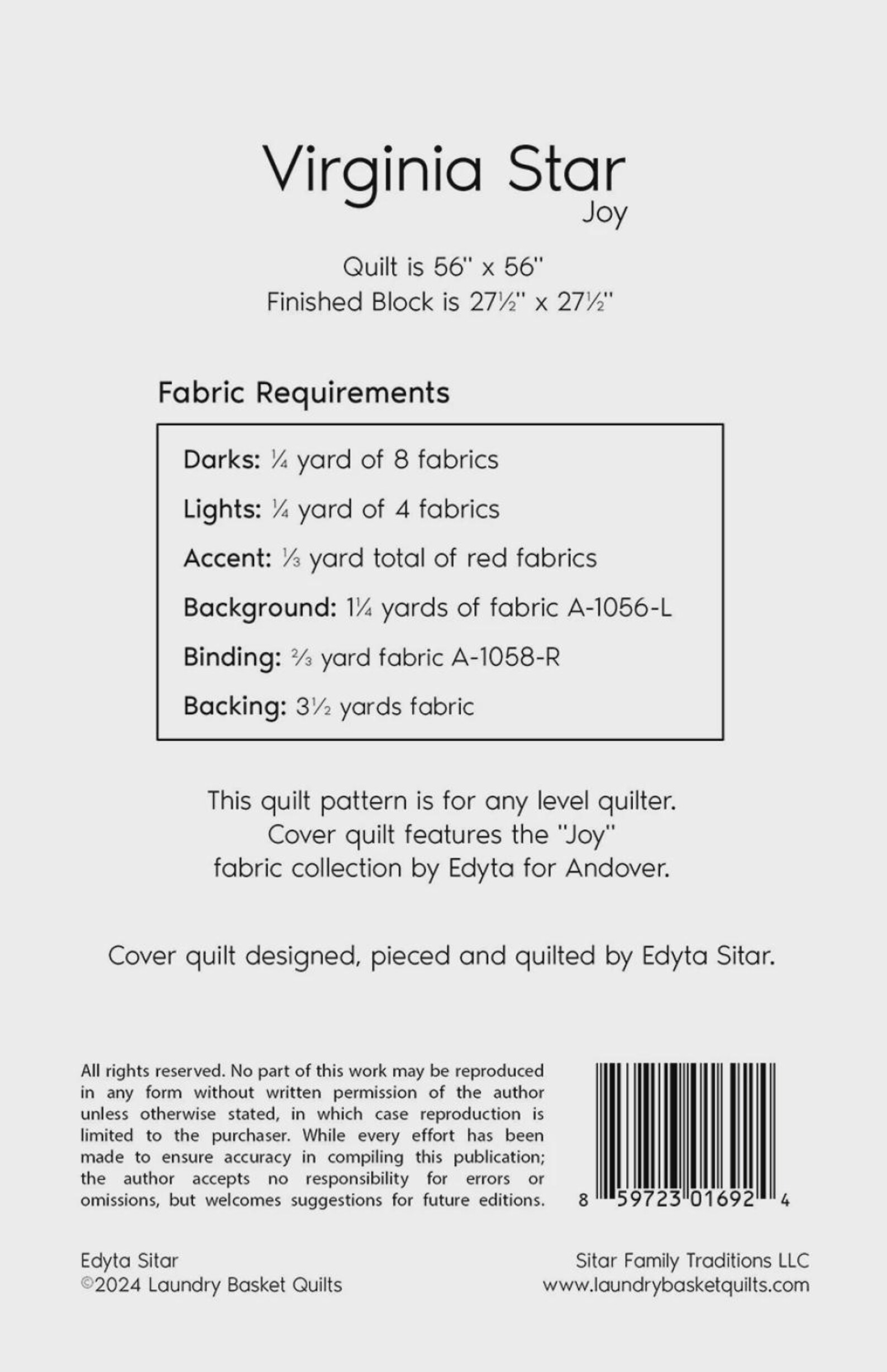 Virginia Star Joy Quilt Quilting Pattern From Laundry Basket Quilts ...