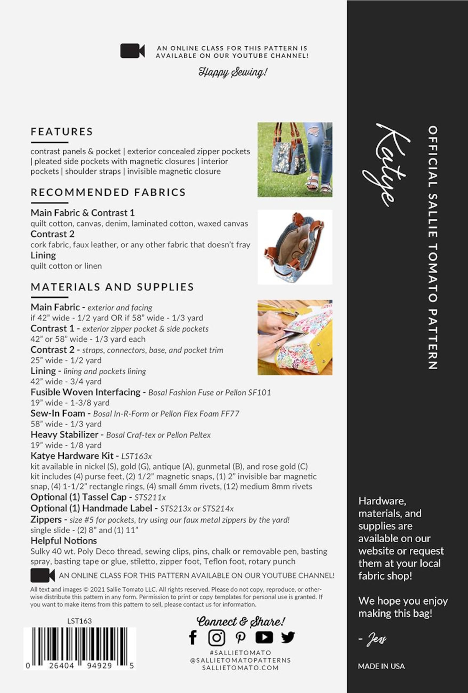 Katye Bag Sewing Pattern From Sallie Tomato BRAND NEW, Please See Item ...