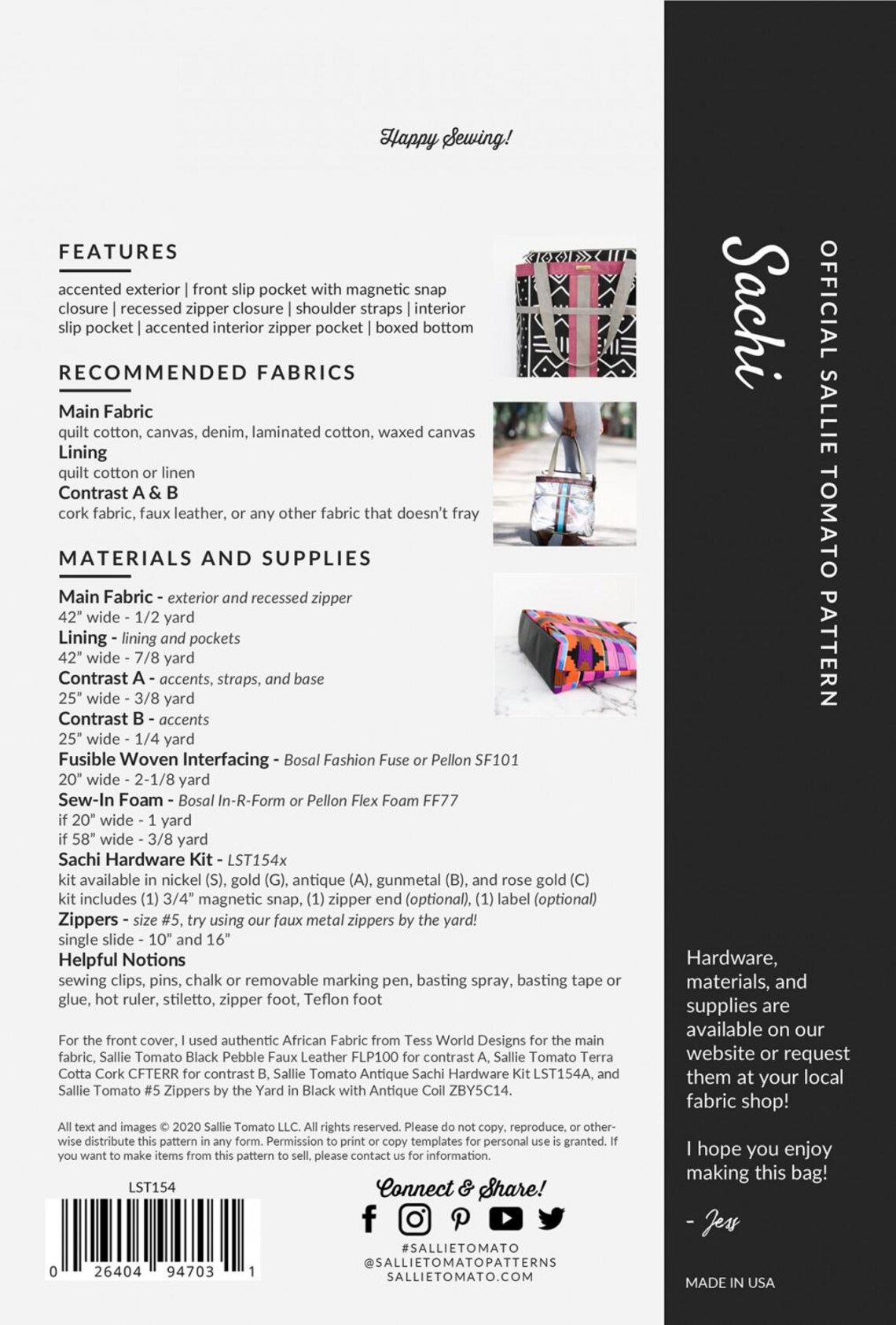 Sachi Tote Sewing Pattern From Sallie Tomato BRAND NEW, Please See Item ...