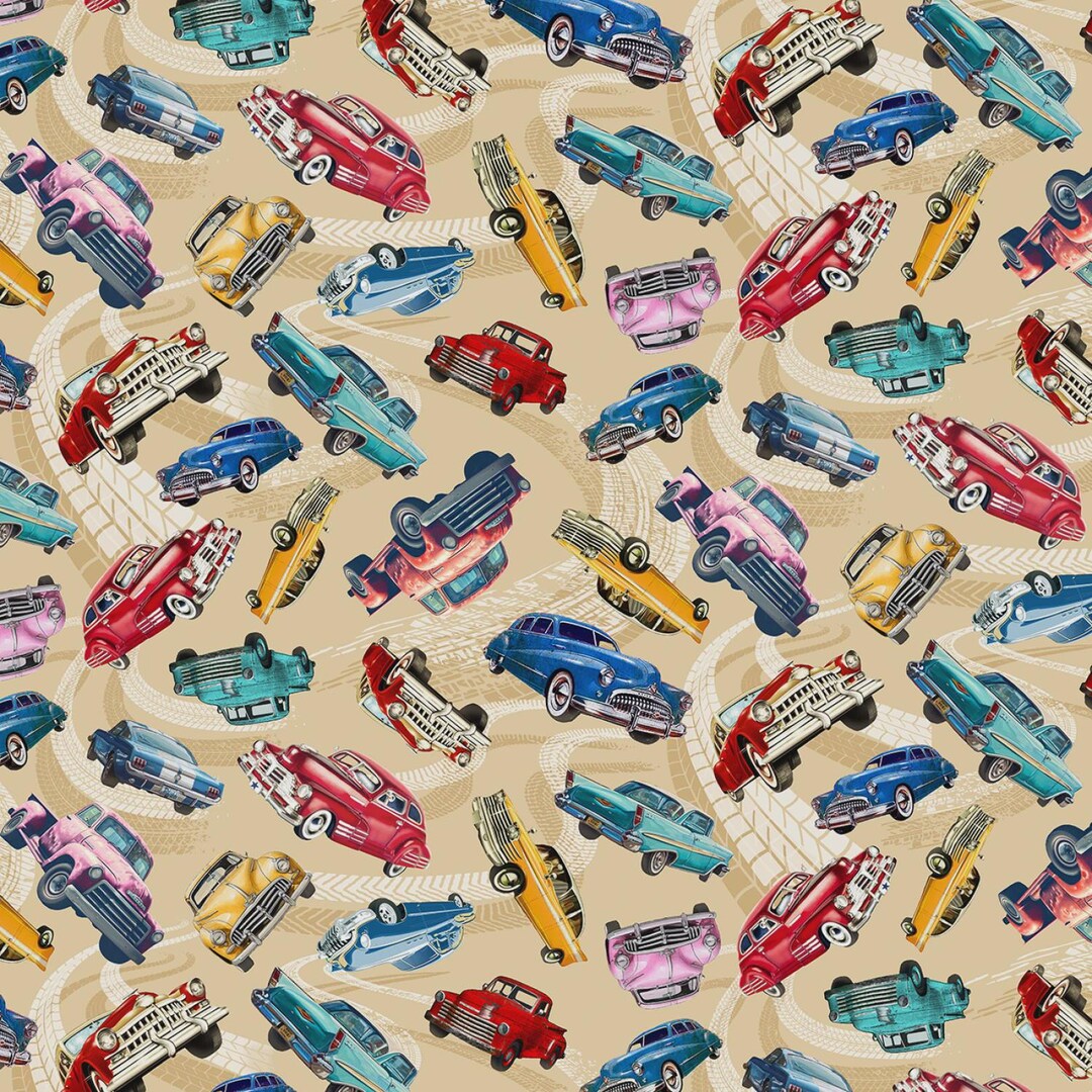 Classic Cars of All Makes on Tan Woven Cotton Fabric, From Michael ...