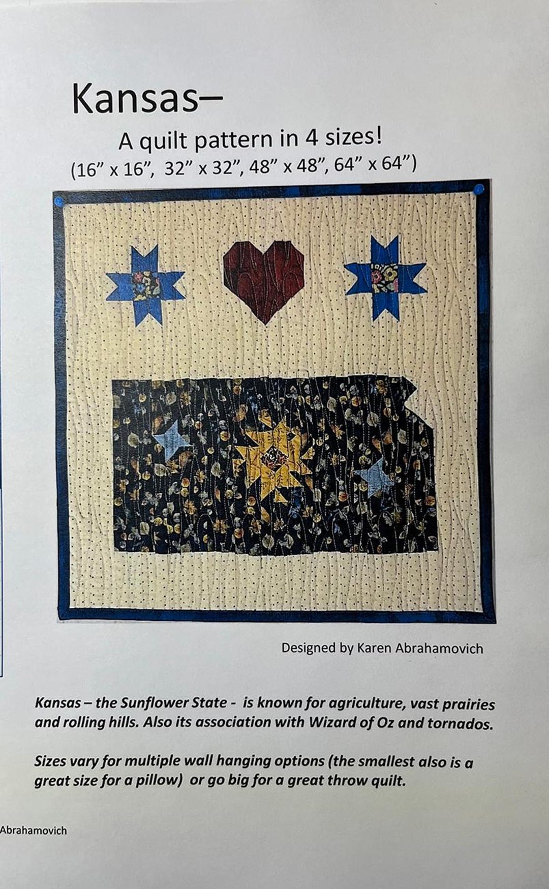State of Kansas Quilt Quilting Pattern From Karen Abrahamovich BRAND ...