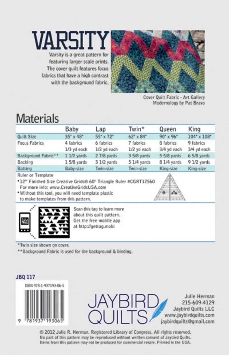 Varsity Pieced Quilt Quilting Pattern From Jaybird Quilts BRAND NEW ...