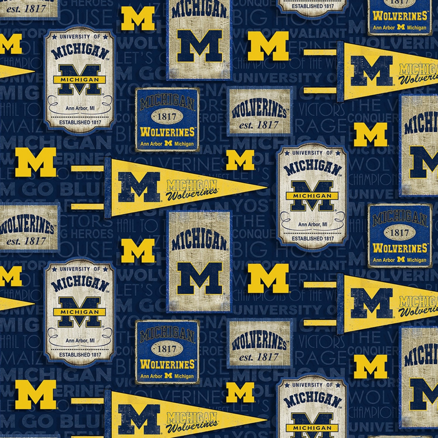 NCAA University of Michigan Wolverines Vintage Pennant Cotton Fabric ...