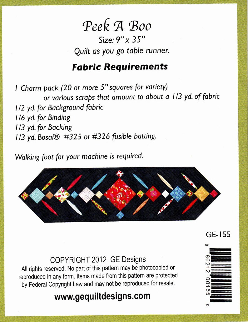 Peek A Boo Table Runner Quilting Pattern From G.E. Quilt - Etsy