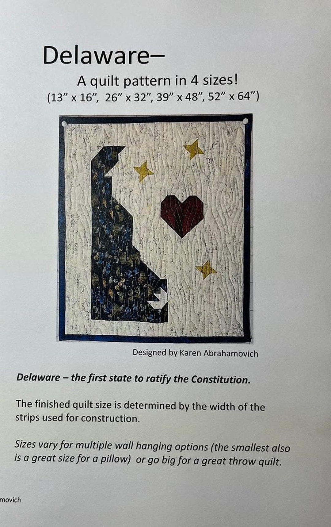 State of Delaware Quilt Quilting Pattern From Karen Abrahamovich BRAND ...