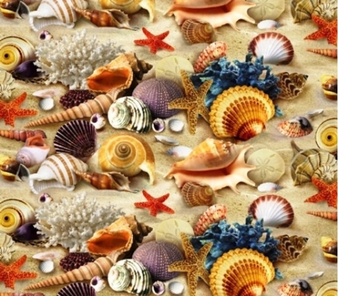 Landscape Medley Beach Seashells Sand on Beige Cotton Fabric, From ...