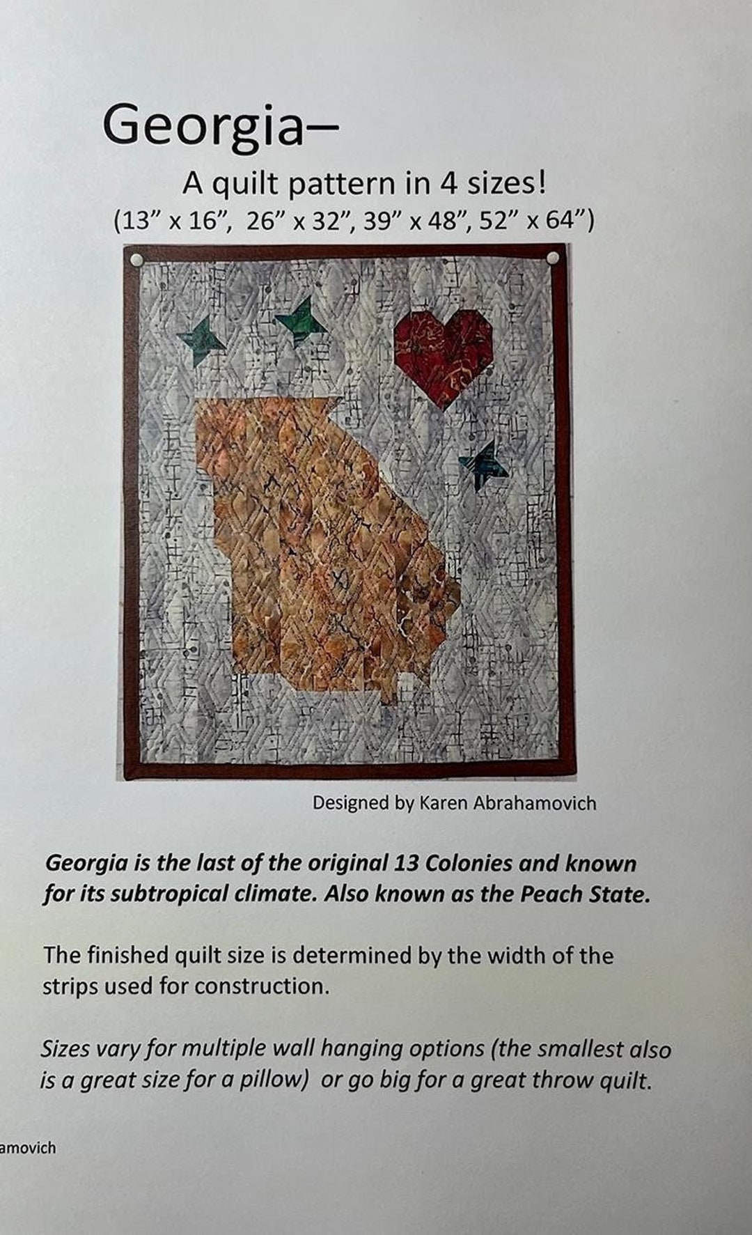 State of Georgia Quilt Quilting Pattern From Karen Abrahamovich BRAND ...