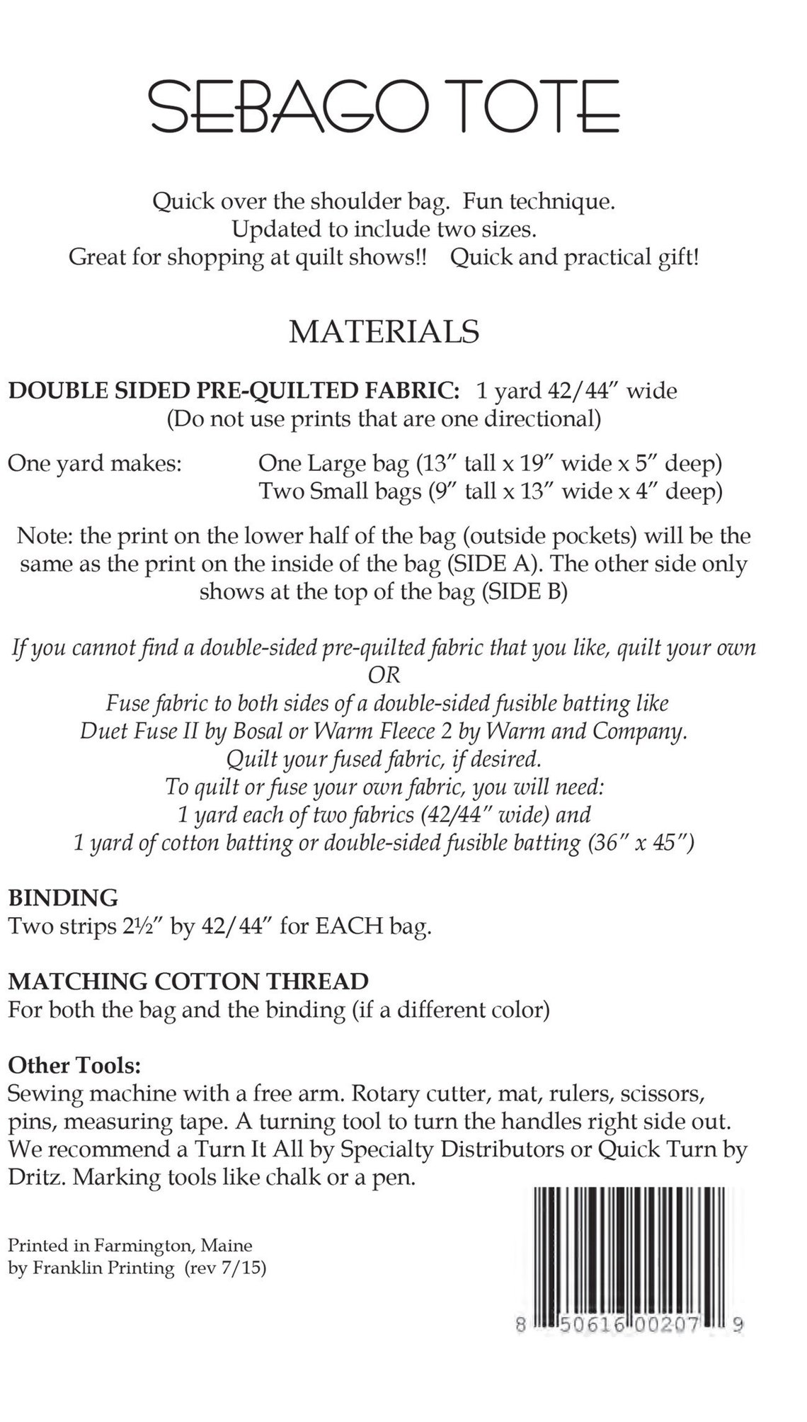 Sebago Tote Bag Purse Sewing and Quilting Pattern From | Etsy