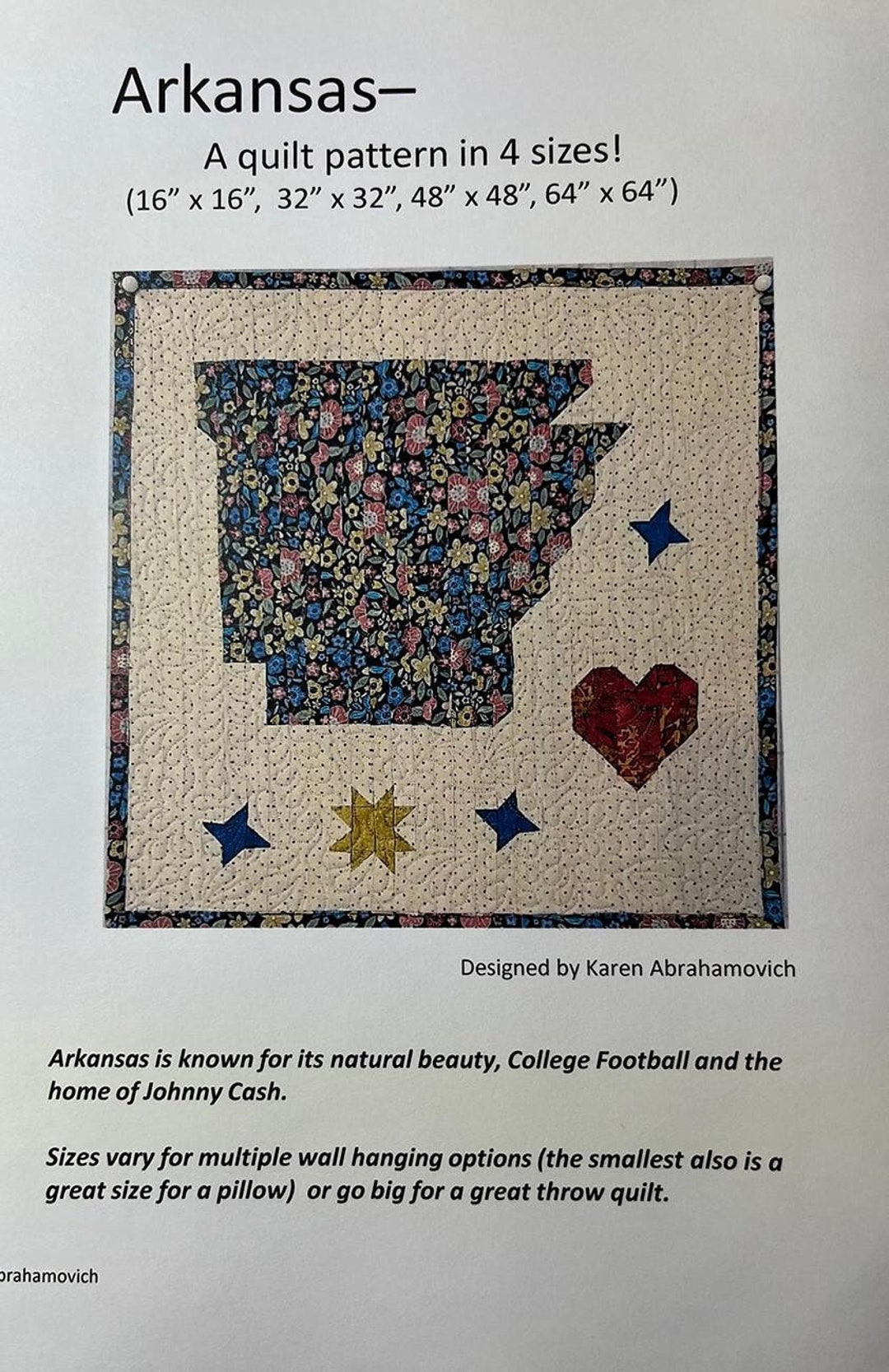State of Arkansas Quilt Quilting Pattern From Karen Abrahamovich BRAND ...
