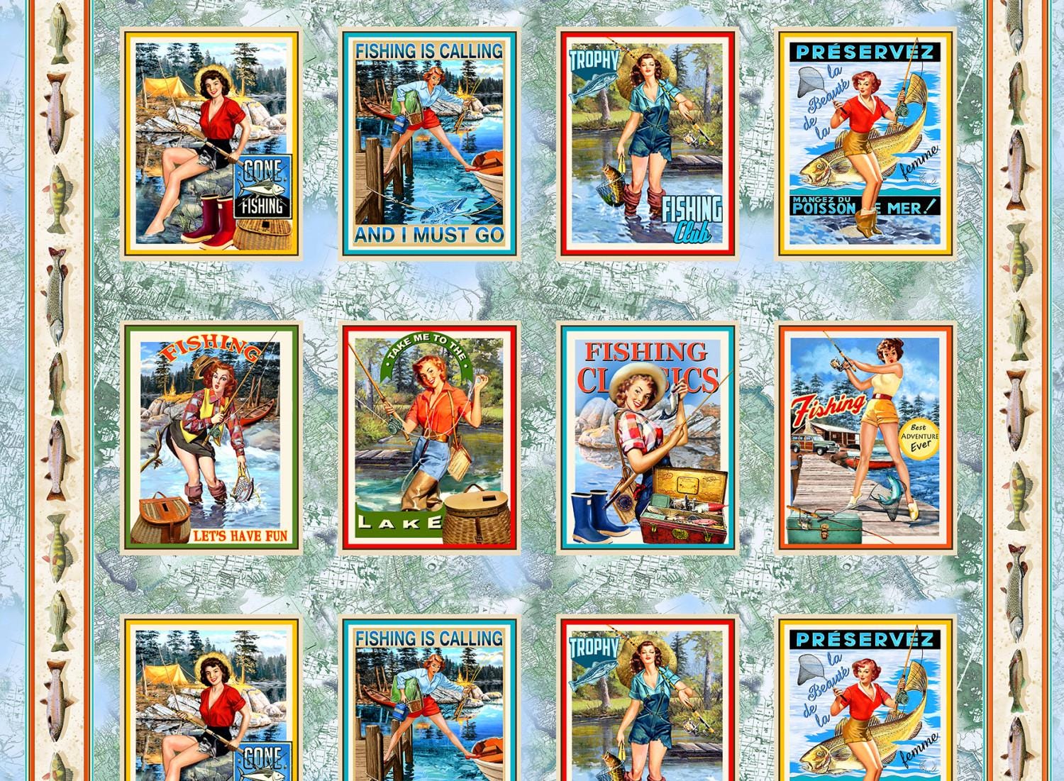 Girls Gone Fishing Cotton Fabric Panel, From Michael Miller Fabrics ...