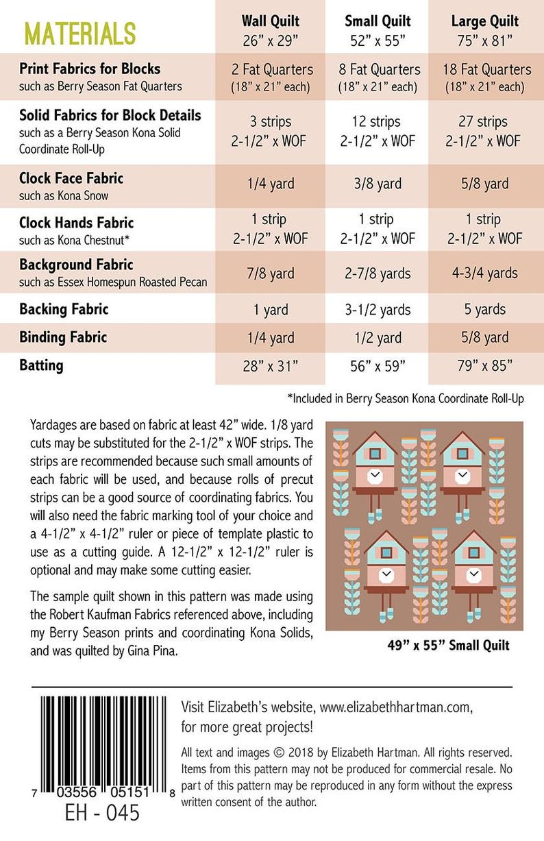 Cuckoo Clock Patchwork Quilt Quilting Pattern, From Elizabeth Hartman ...