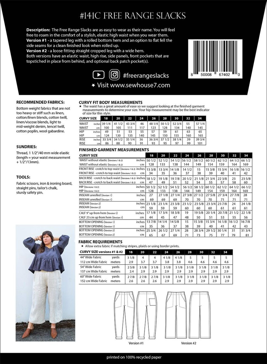 Free Range Slacks Curvy Sizes Sewing Pattern, Sizes 18-34, From Sew ...