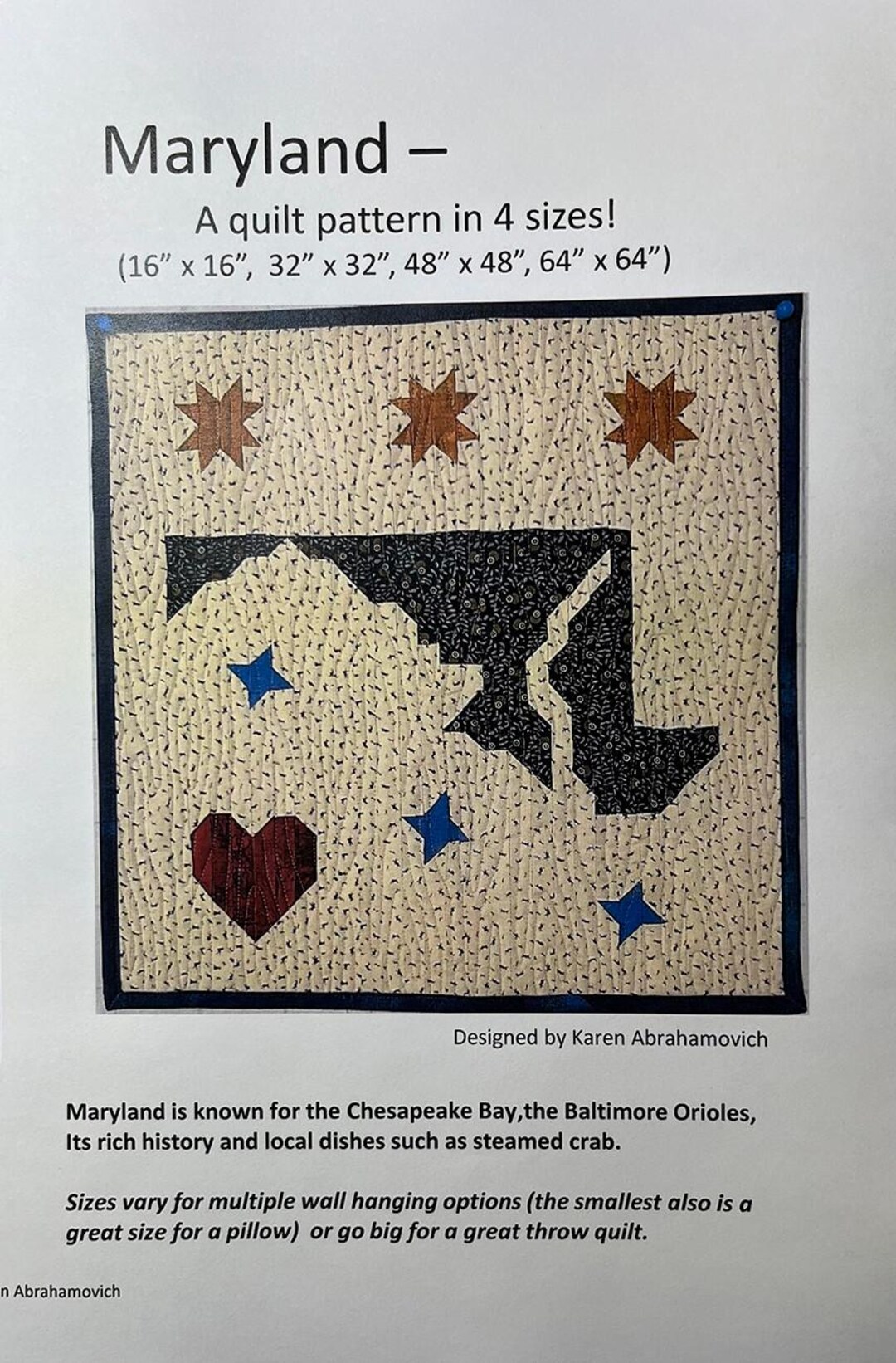 State of Maryland Quilt Quilting Pattern From Karen Abrahamovich BRAND ...