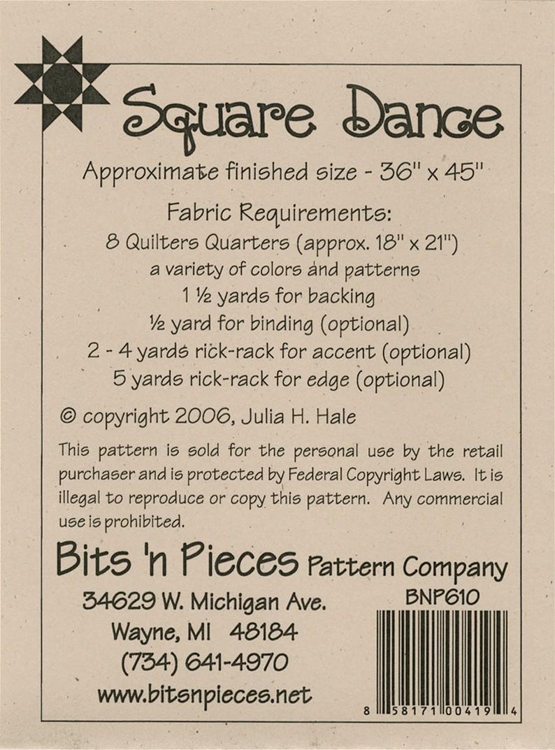 Square Dance Quilt Quilting Pattern, From Bits 'N Pieces BRAND NEW ...