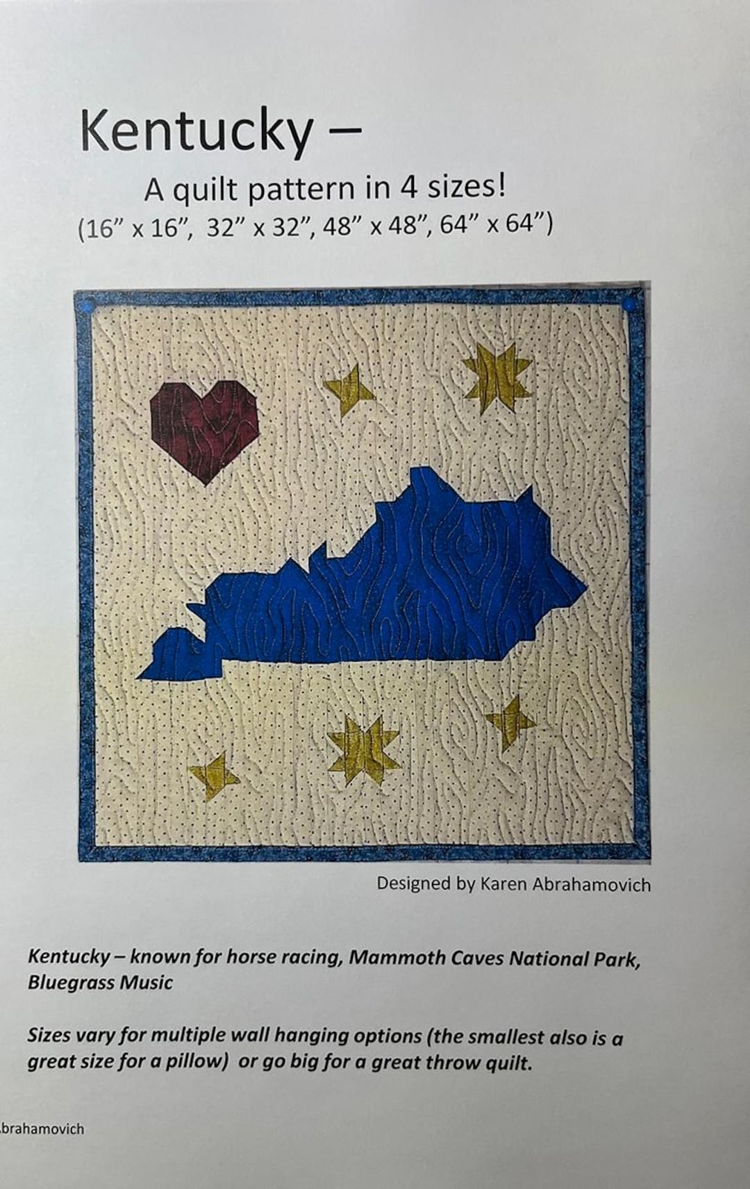 State of Kentucky Quilt Quilting Pattern From Karen Abrahamovich BRAND ...