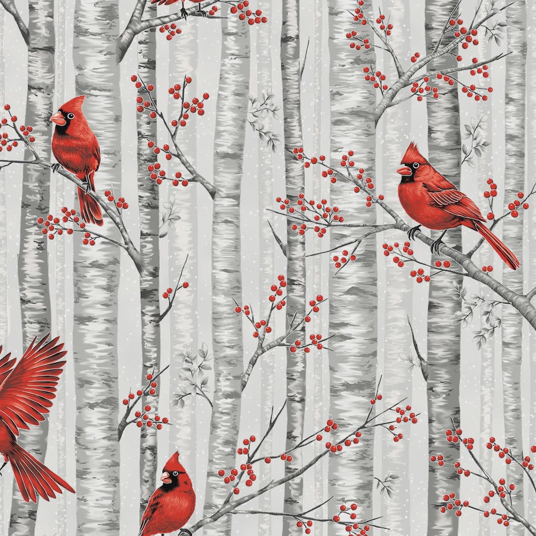Berries and Birch Cardinals on Woven Cotton Fabric From Hoffman Fabrics ...