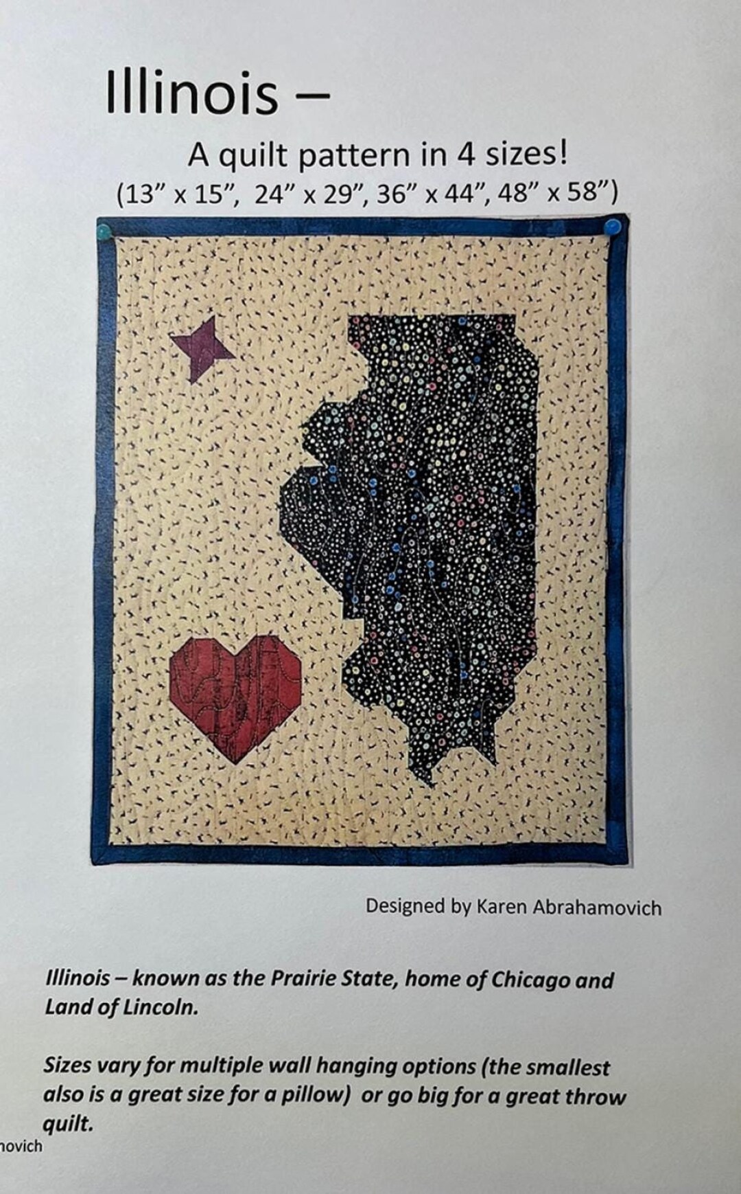 State of Illinois Quilt Quilting Pattern From Karen Abrahamovich BRAND ...