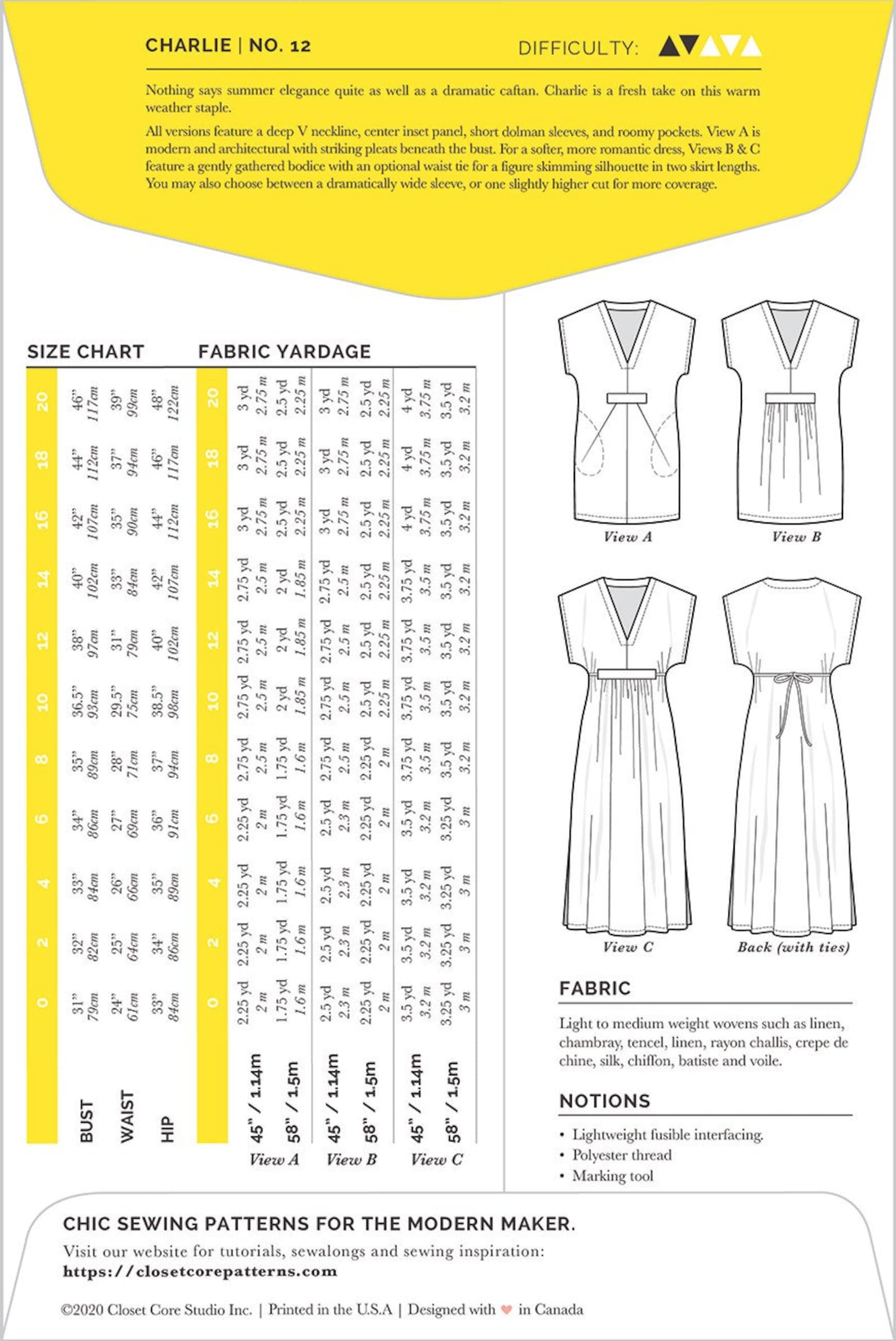 Charlie Caftan Dress Sewing Pattern, Sizes 0-20, From Closet Core ...