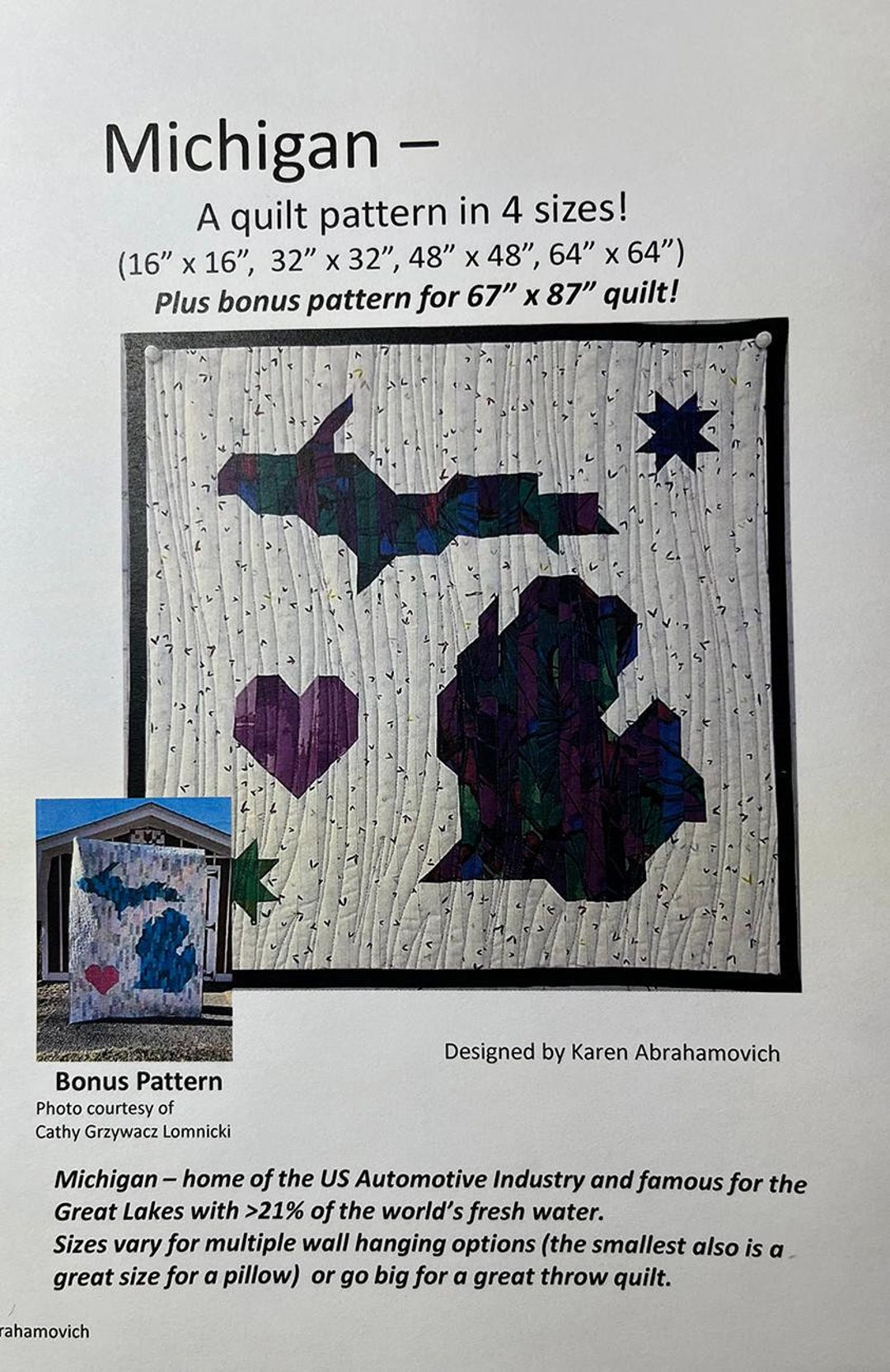 State of Michigan Quilt Quilting Pattern From Karen Abrahamovich BRAND ...