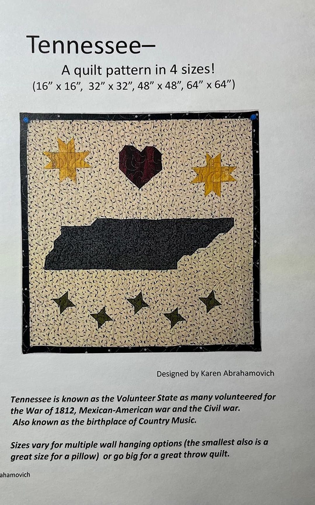 State of Tennessee Quilt Quilting Pattern From Karen Abrahamovich BRAND ...