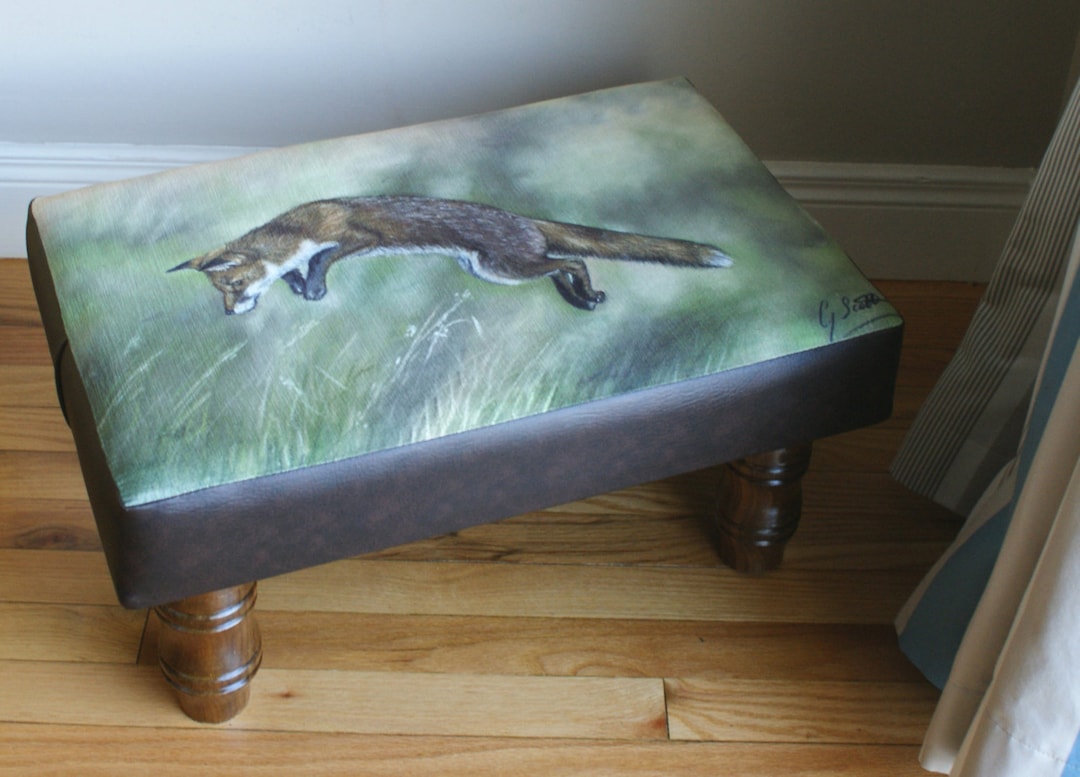 Jumping Fox Art Footstool With Leather Sides and Hand Turned Walnut ...