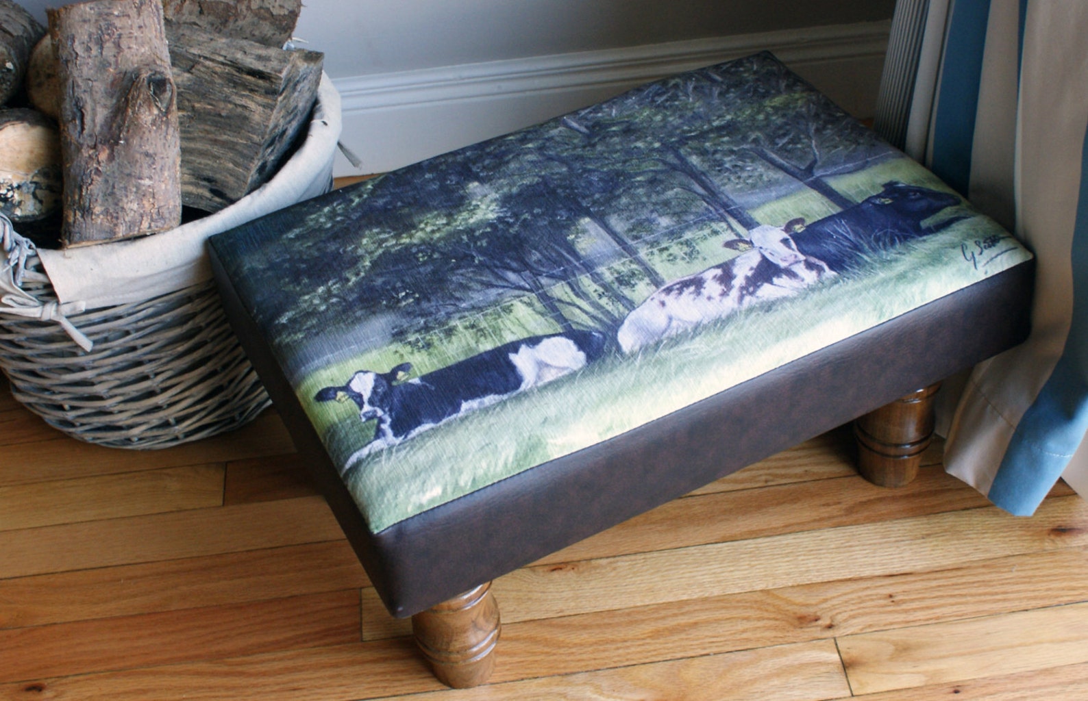 Cows Lying ON Grass Farming Scene Footstool With Leather | Etsy