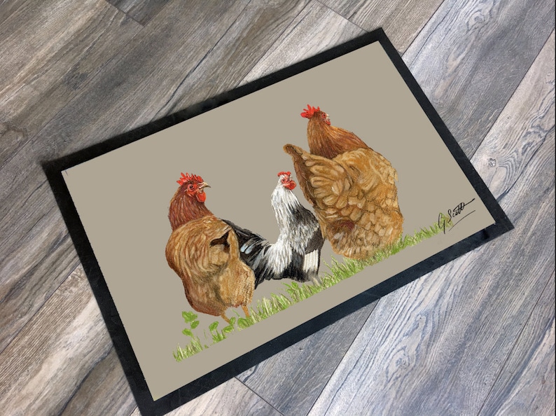 Trio of Hens Chicken Farming Themed Machine Washable Floor Mat by Grace ...