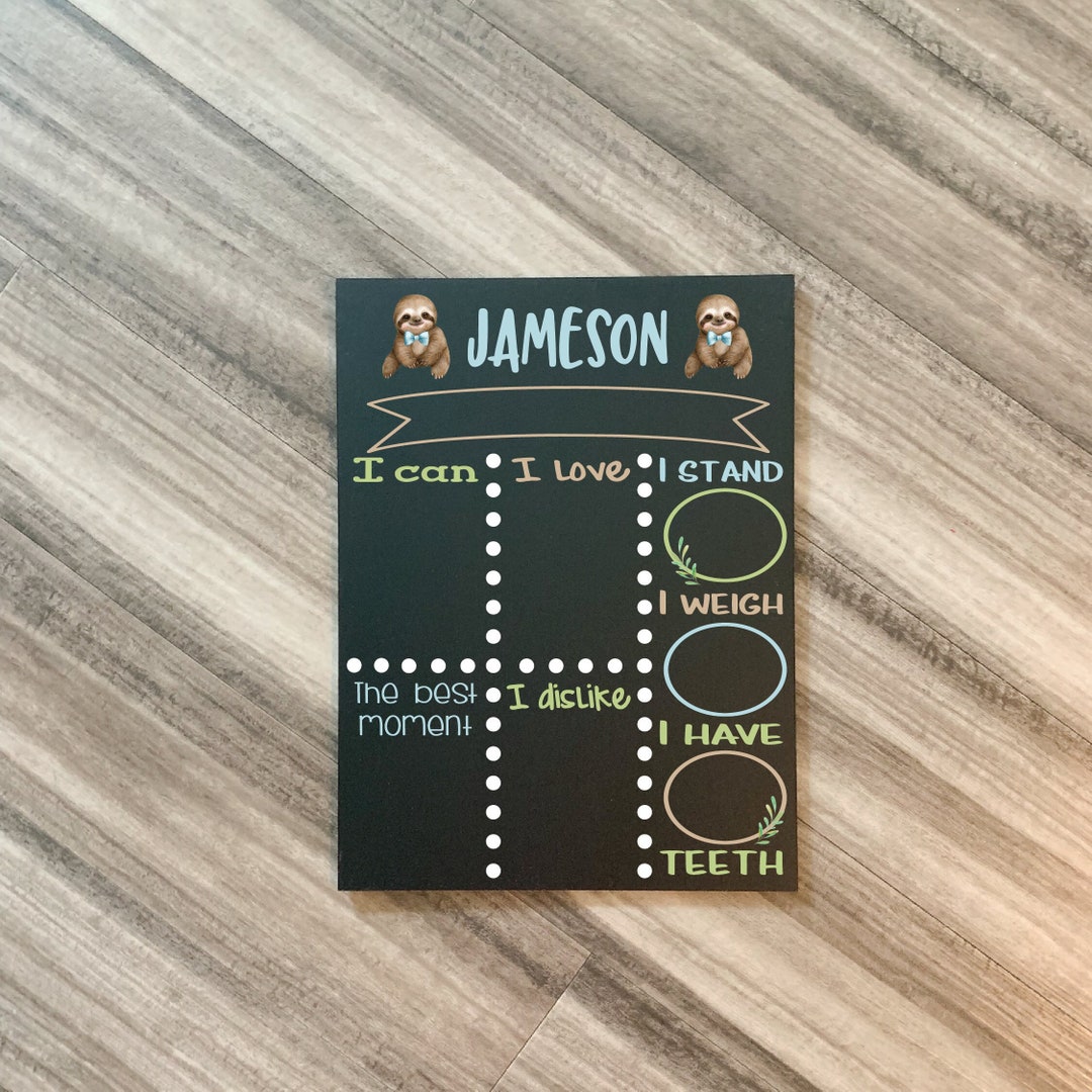 Boho Sloth Milestone Chalkboard, Baby Stat Board, Baby Milestone Board ...