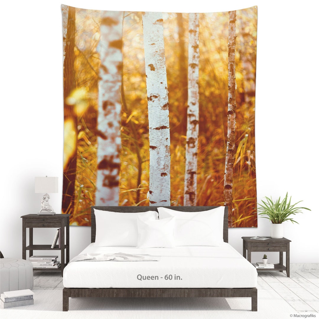 Birch Tree Tapestry, Nature Wall Decor, Woodland Golden Forest for an ...