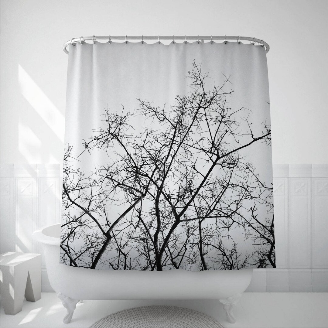 Tree Shower Curtain, Dried Branches, Black and White, Bath Decoration ...