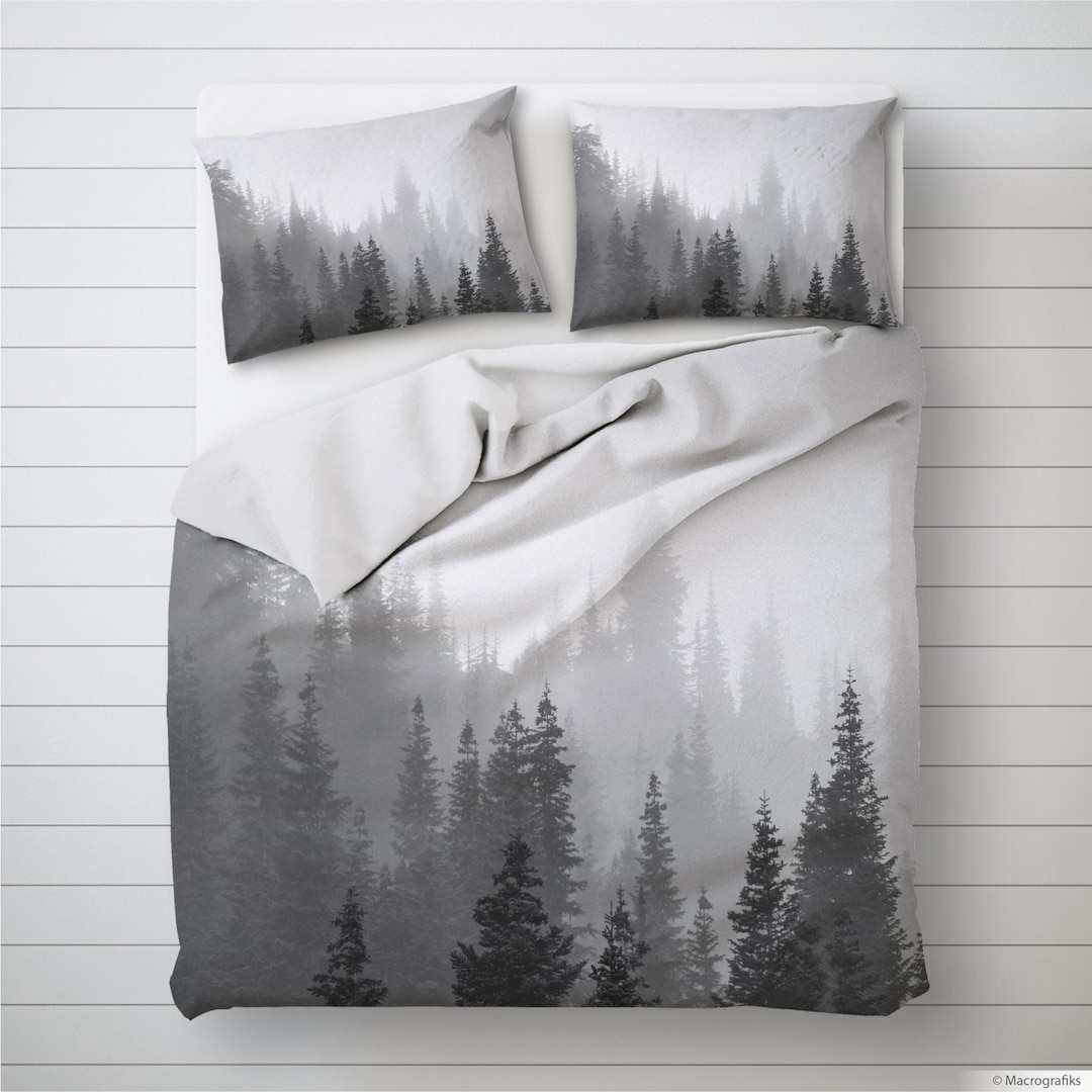 Tree Duvet Cover, Black and White Bedroom Decor of Pine Trees and Fog ...