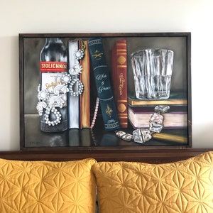 Booze & Books Oil Painting, Vodka, Bar, Book, Library, Man Cave, She ...