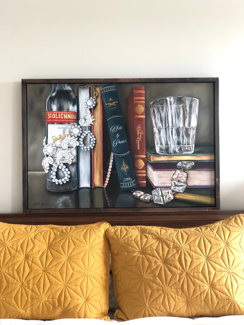 Booze & Books Oil Painting, Vodka, Bar, Book, Library, Man Cave, She ...