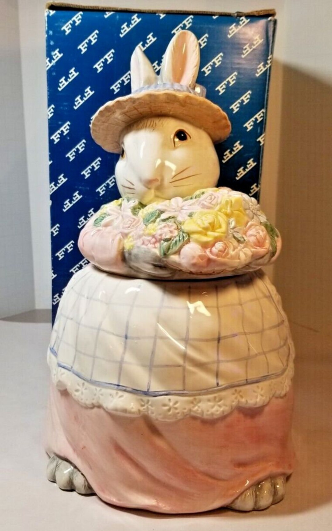 Fitz and Floyd bunny Hollow Bunny Hand Painted Ceramic Cookie Jar W/box ...