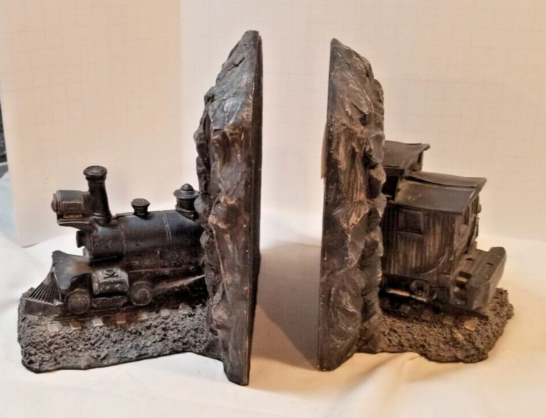 Vintage Train Steam Engine Locomotive & Caboose Bookends Tunnel Harry ...
