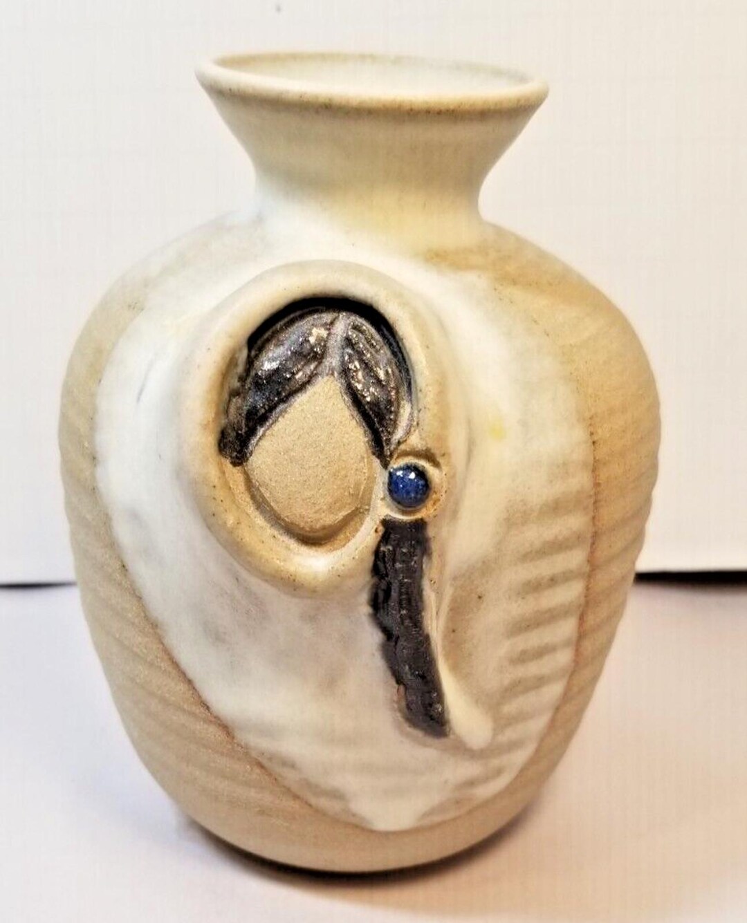 Nancy Dye Signed Pottery Vase With Impressed Face Design 5 1/4"native ...