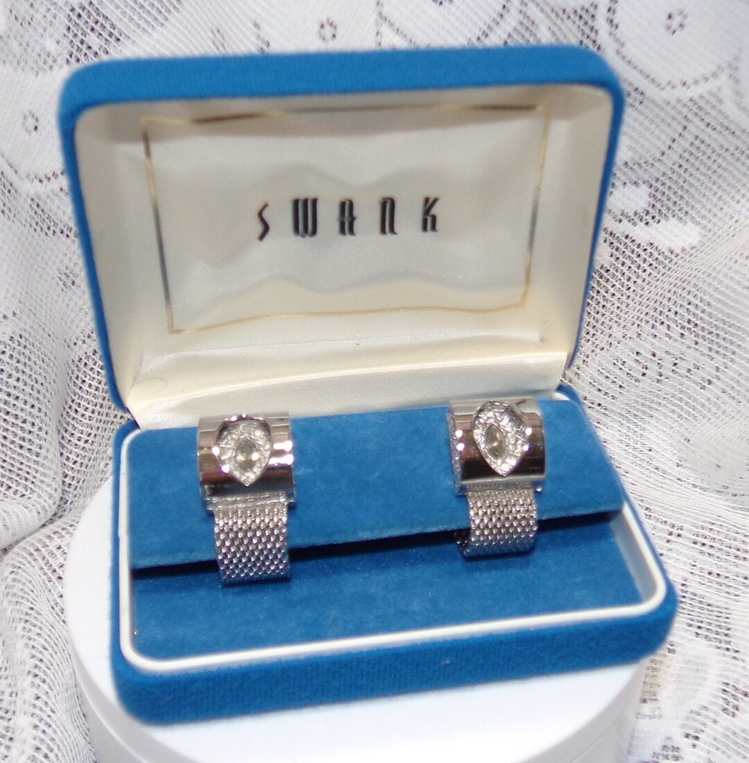 Swank Silver Mesh Wrap Cufflinks With Clear Crystals | Retro 1950s ...