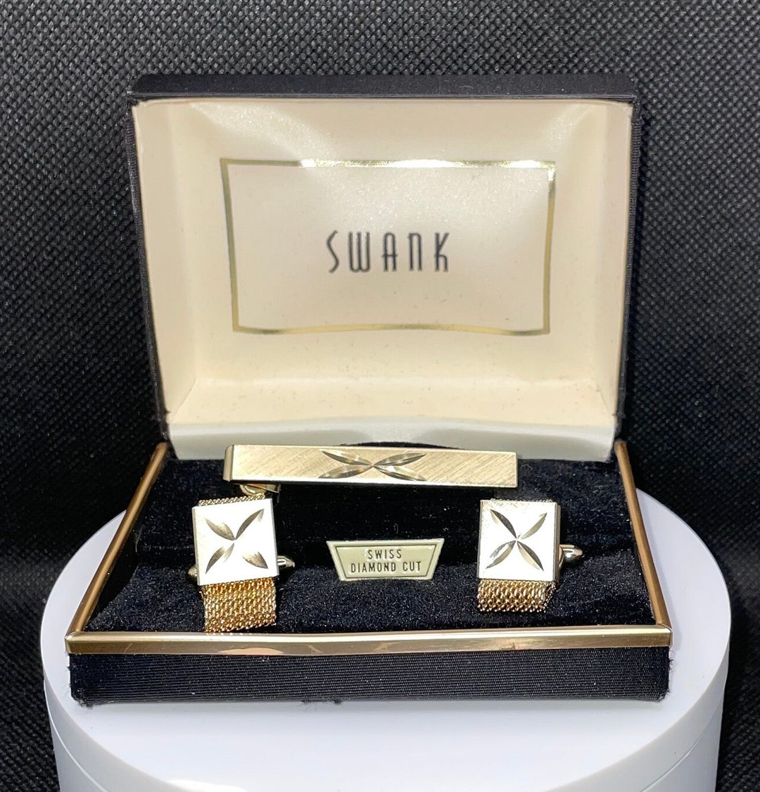 01 Vintage Swank Cufflinks Starburst Etched X Gold Tone Mesh Wrap ...