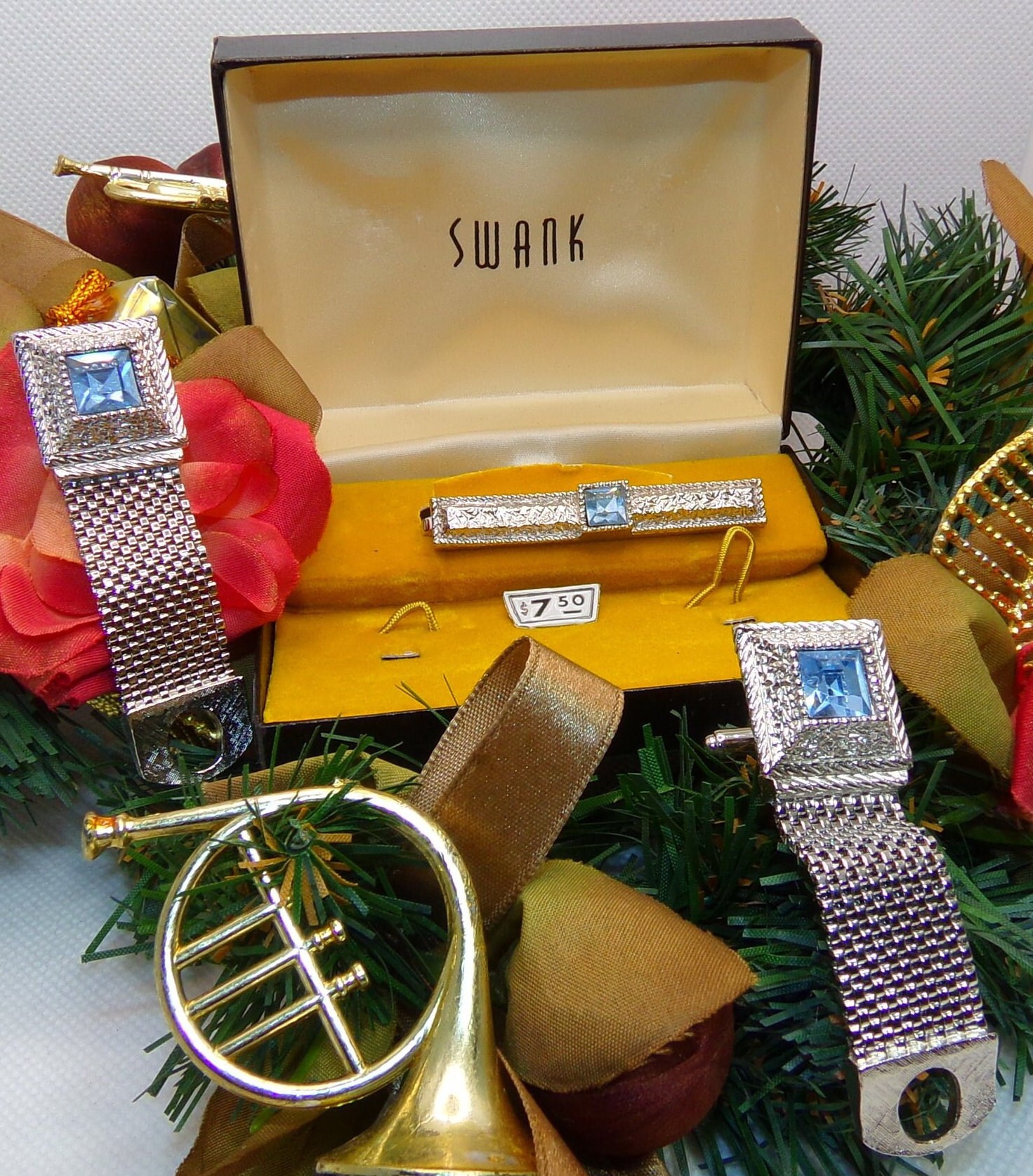 044 Vintage Rare Fine 1960s Swank Mesh Blue Stone Cufflinks & Tie Bar ...