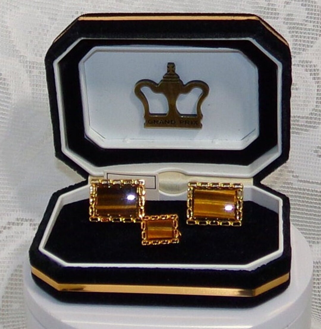 07 Vintage SWANK 1970s Tiger’s Eye Tie Tack and Cufflinks Set Was Put ...