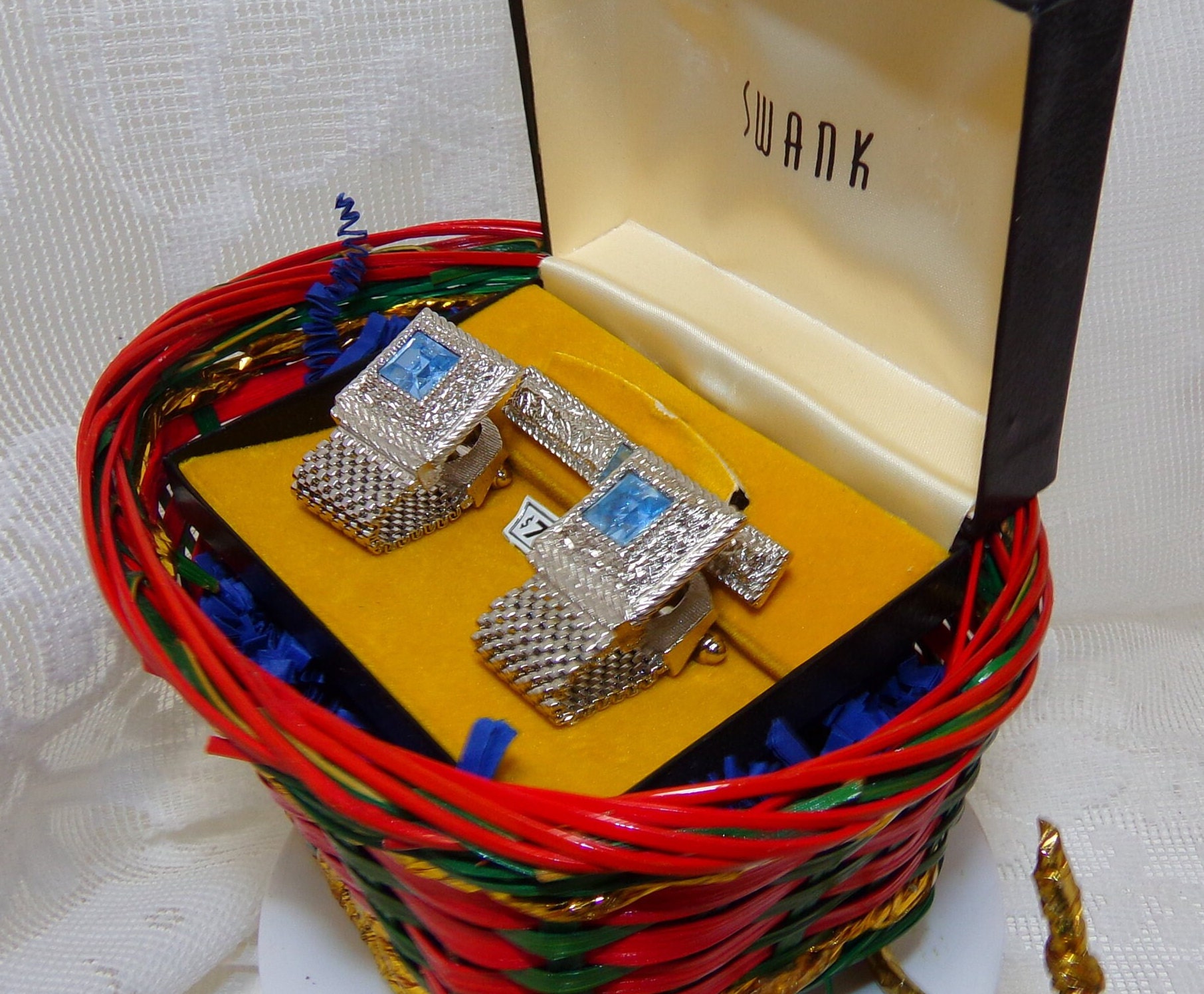 044 Vintage Rare Fine 1960s Swank Mesh Blue Stone Cufflinks & Tie Bar ...