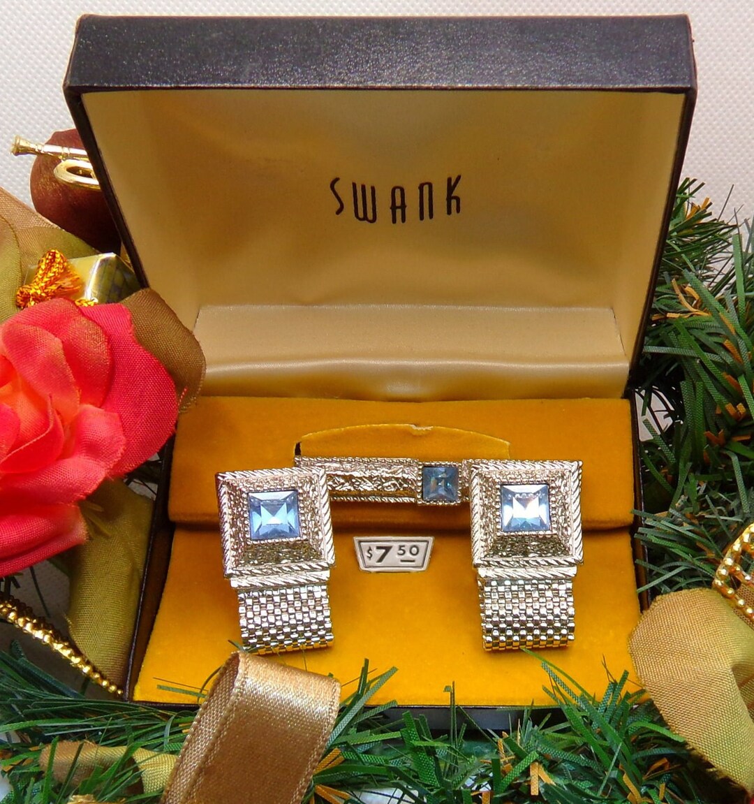 044 Vintage Rare Fine 1960’s Swank Mesh Blue Stone Cufflinks & Tie Bar ...