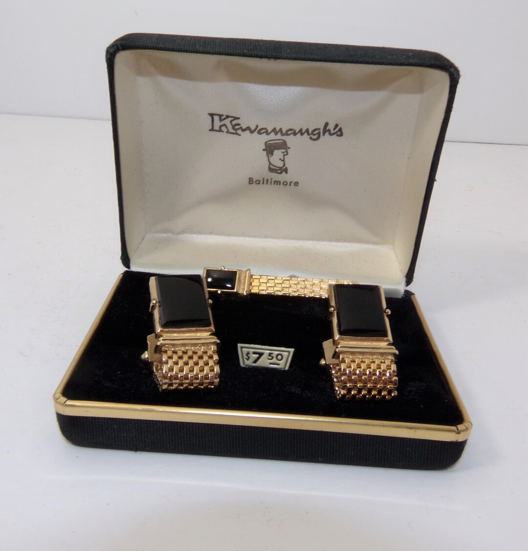 032 Vintage Swank Men's Black Onyx Stone Wrap Around Cuff Links & Tie ...