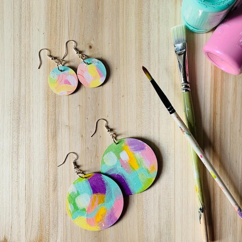 Colorful Painted Wooden Earrings - Etsy