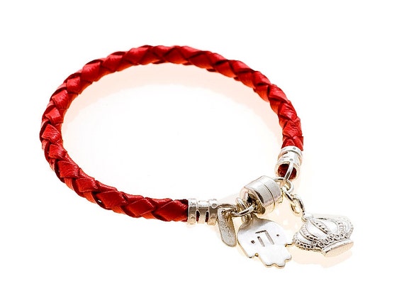 Red Kabbalah Bracelet in Woven Leather Silver Hamsa and Crown | Etsy