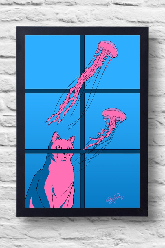 Jellyfish Cat Reverse Cat Poster Print Illustration Digital | Etsy