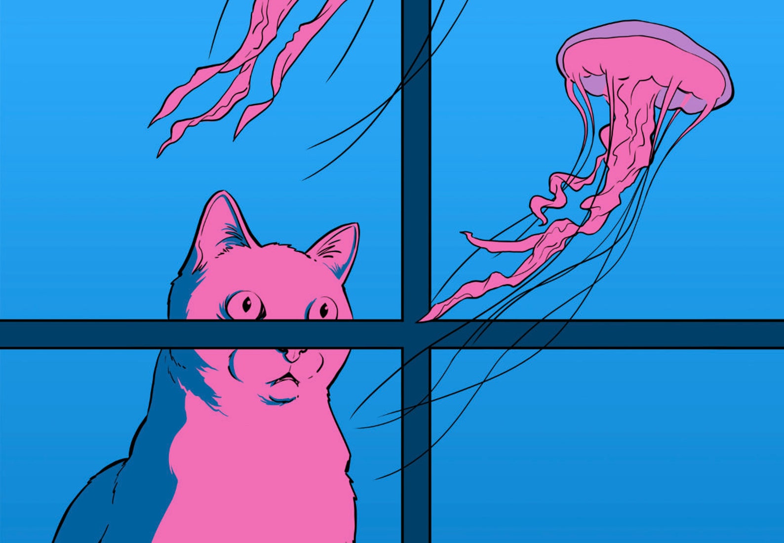 Jellyfish Cat Reverse Cat Poster Print Illustration Digital - Etsy