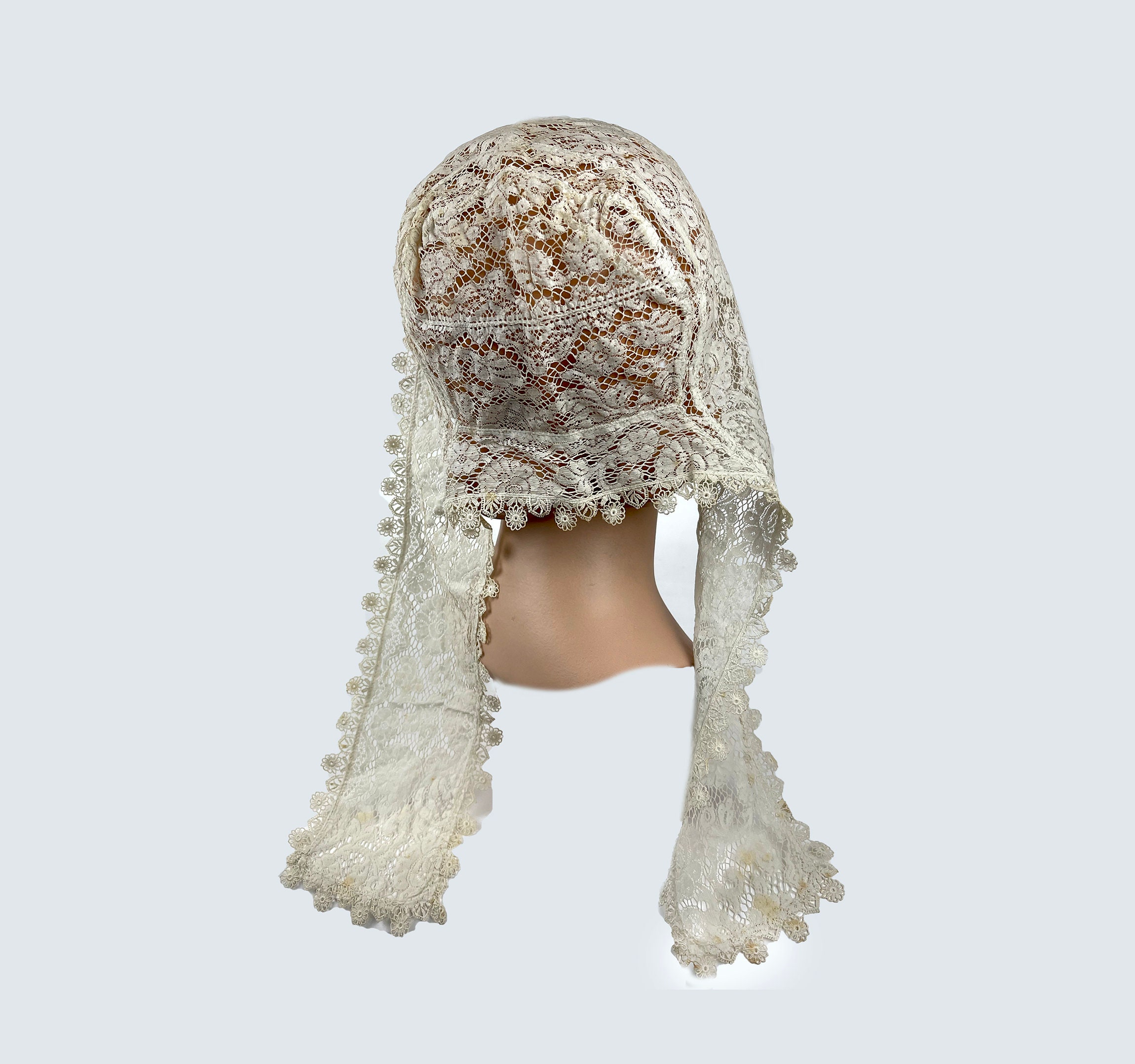 Antique Victorian 1880s Lace Veil Cap With Lappets Linen and - Etsy