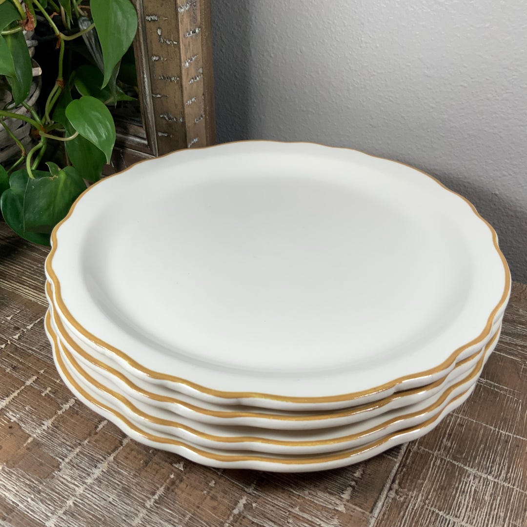 Four (4) Homer Laughlin CAROLYN STYLELINE Mustard 10-1/2" Dinner Plates ...